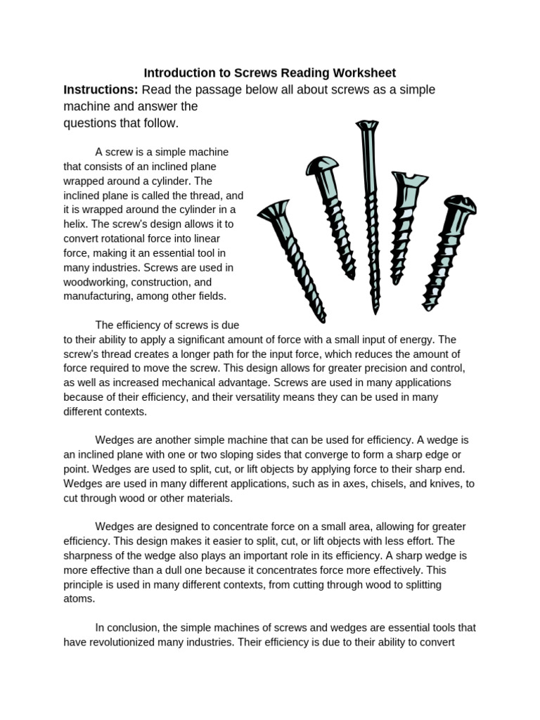 Read The Passage Below All About Screws As A Simple Machine and Answer ...
