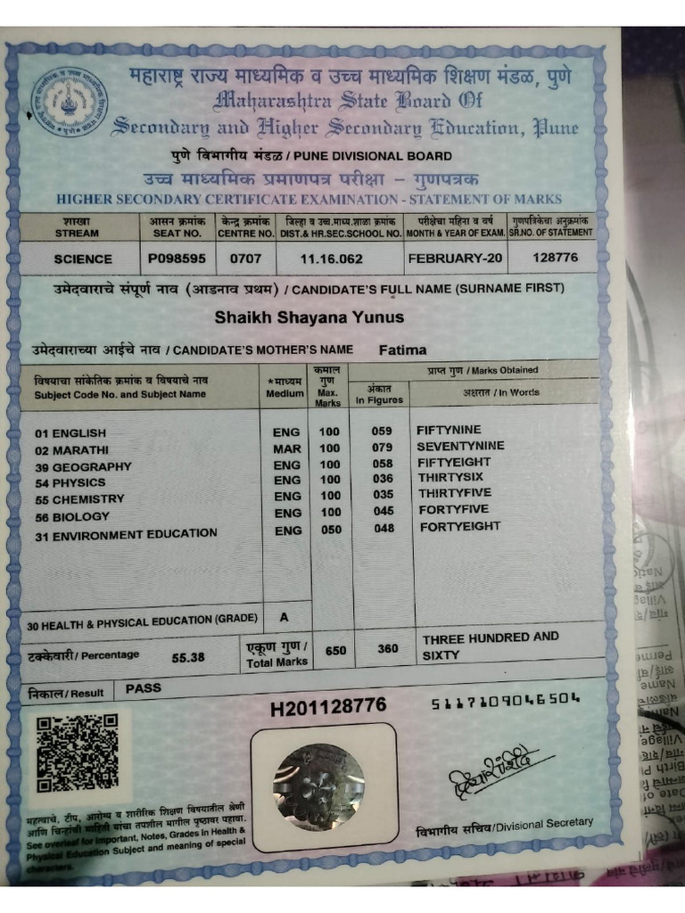 12th marksheet | PDF