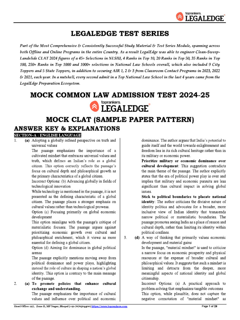MOCK CLAT (SAMPLE PAPER PATTERN) - Answer Key & Explanations | PDF