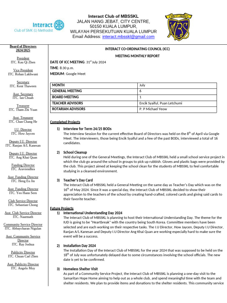 ICC Meeting Report MBSSKL - July 2024 | PDF