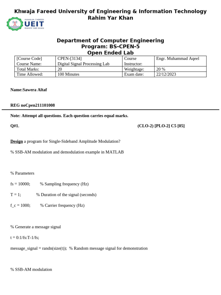 Digital Signal Processing Lab Tasks | PDF | Modulation | Bandwidth (Signal Processing)