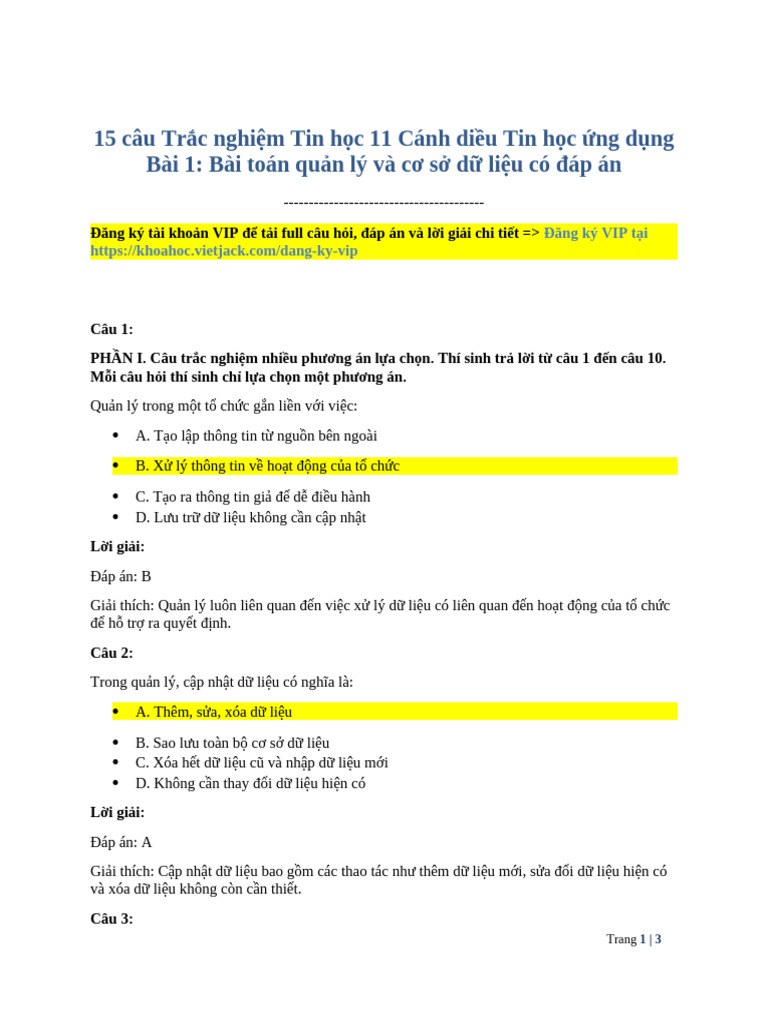 15 Cau Trac Nghiem Tin Hoc 11 Canh Dieu Tin Hoc Ung Dung Bai 1 Bai Toan Quan Ly Va Co So Du Lieu ...