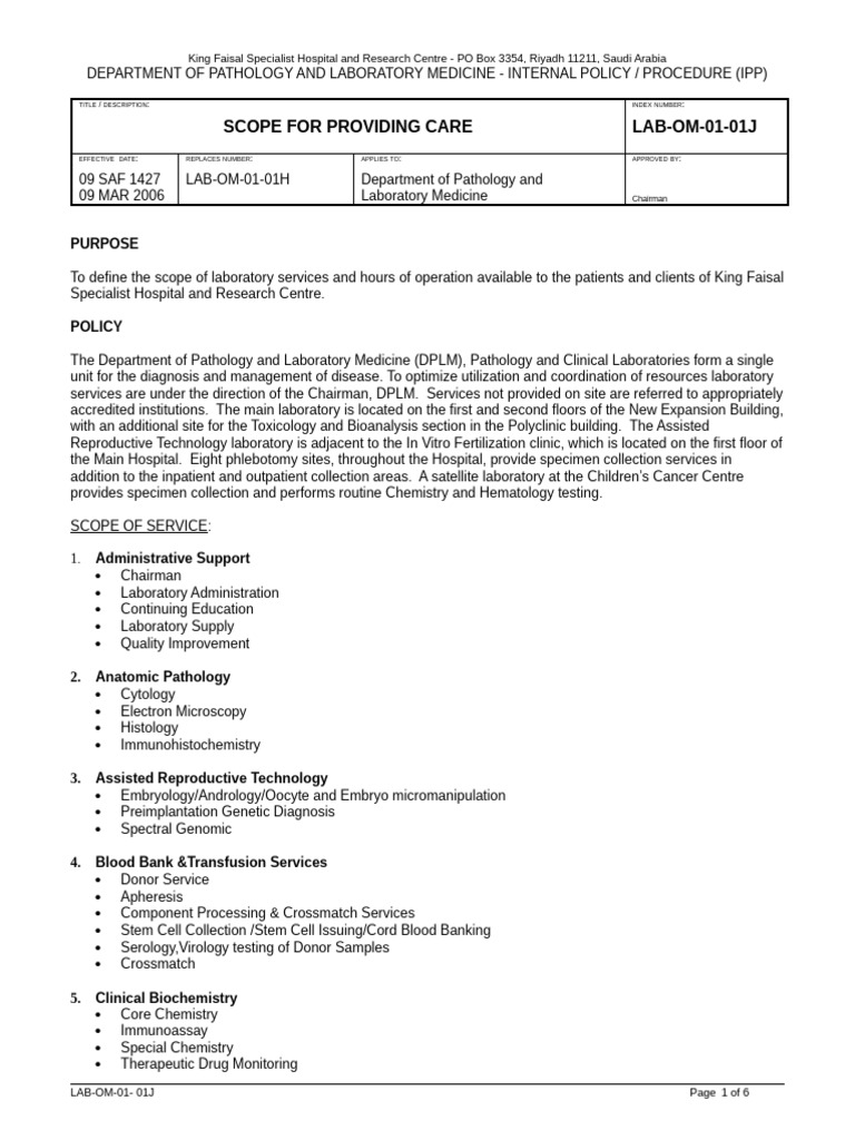 Laboratory Services Scope and Hours | PDF | Medical Laboratory | Pathology
