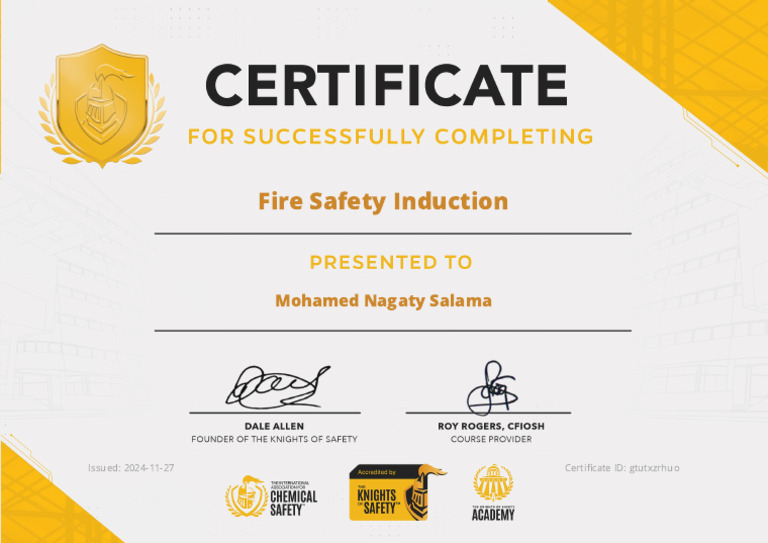 Fire Safety Induction Certificate | PDF