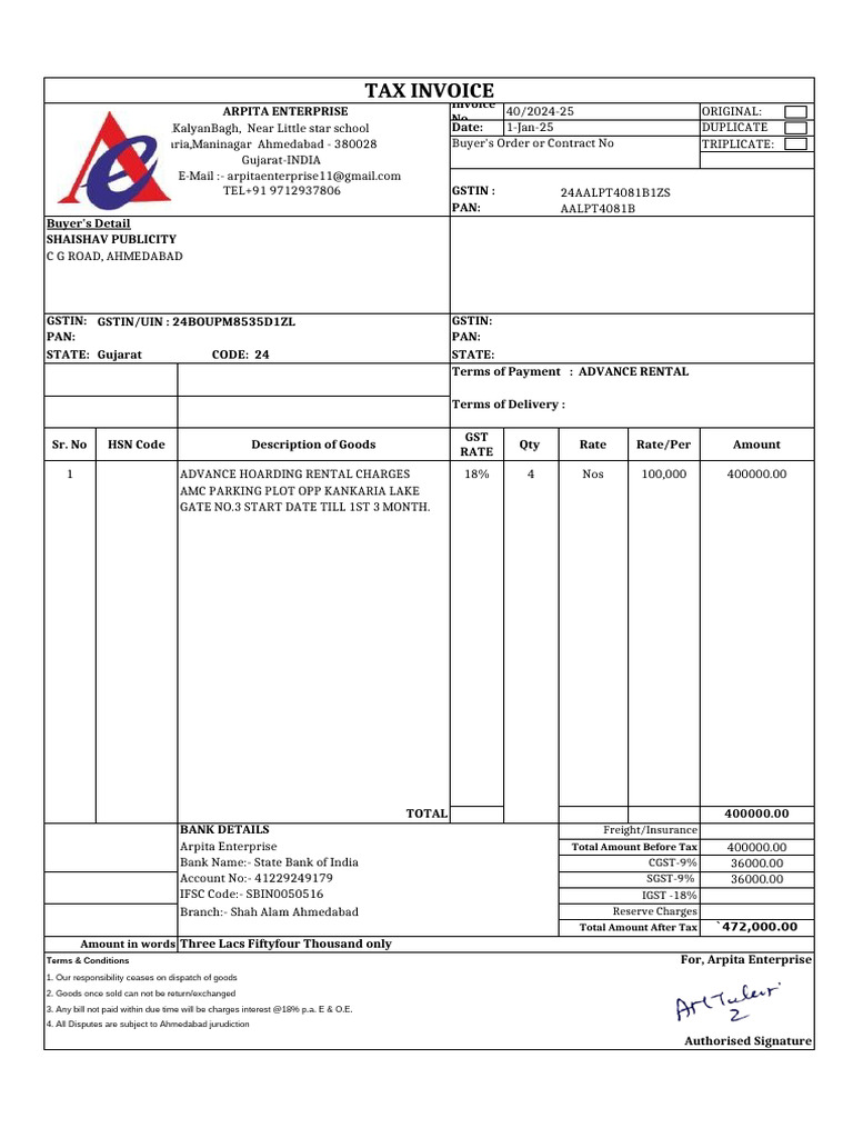 Tax Invoice Shaishav Publicity GST 040 01.01.2025 | PDF | Business | Financial Services