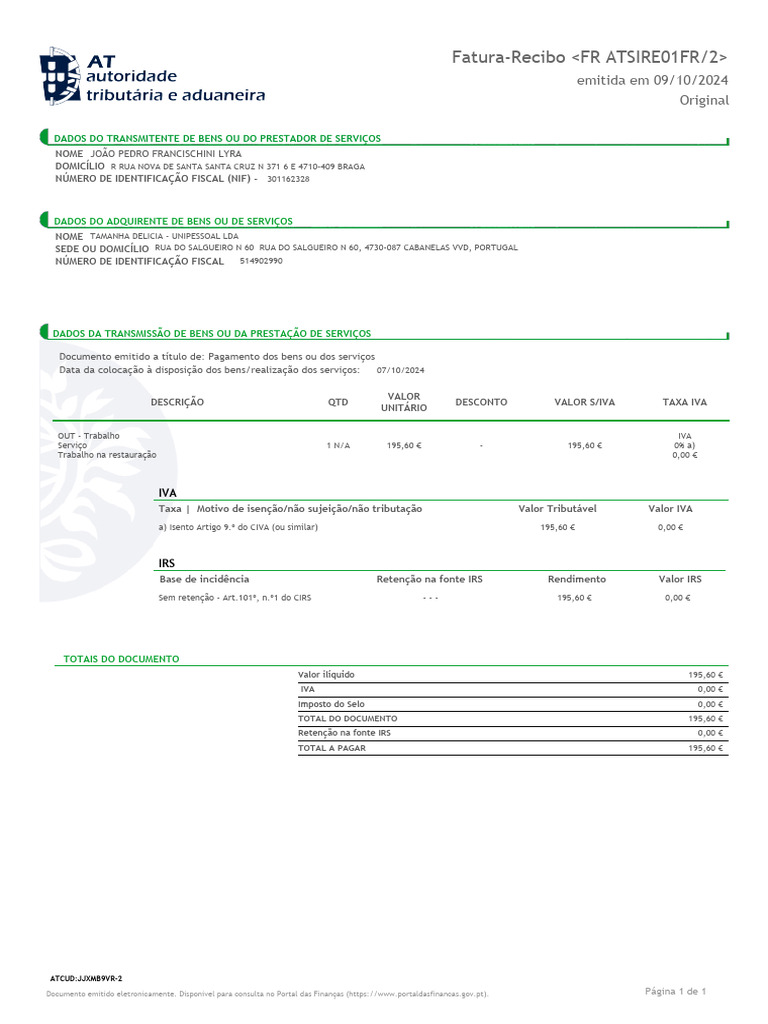 Fatura-Recibo de Serviço Isento IVA | PDF | Imposto sobre Valor ...
