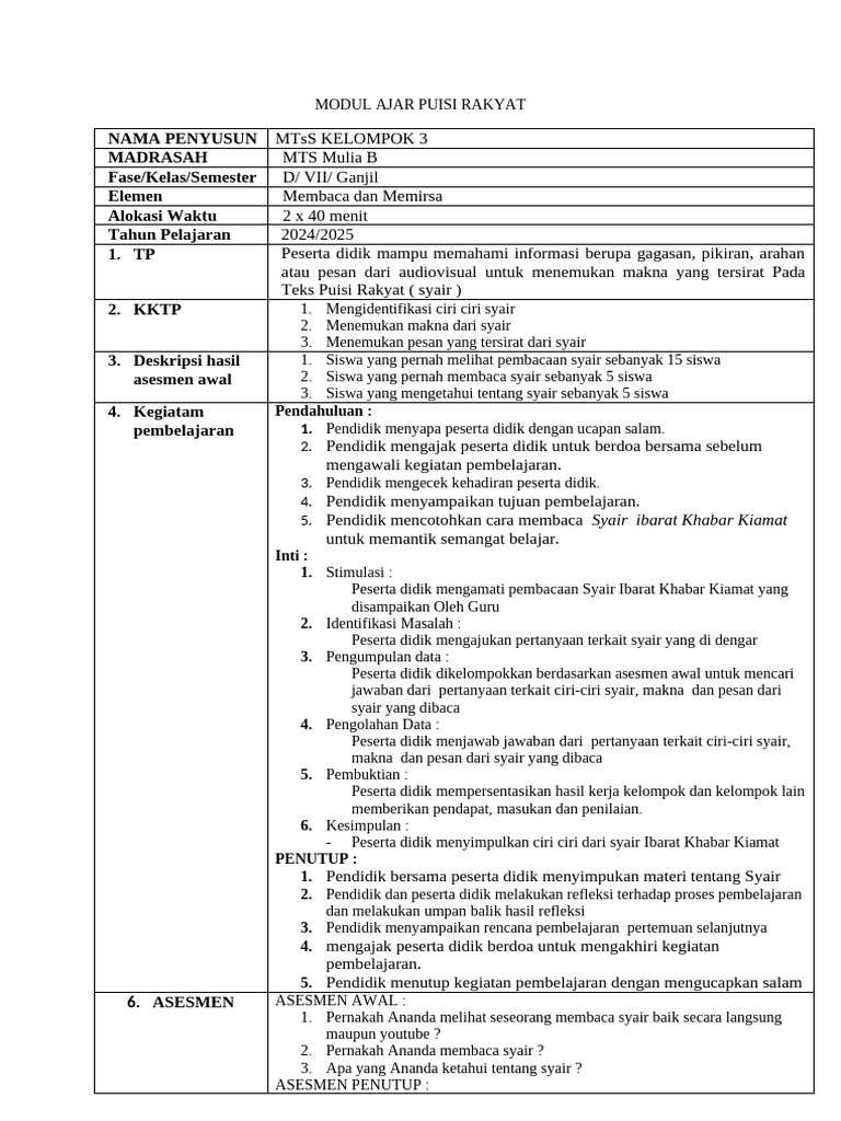 Modul Ajar Puisi Rakyat | PDF
