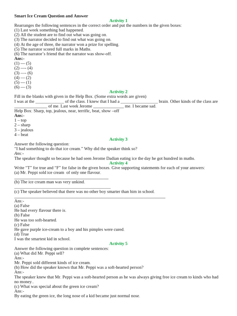 Smart Ice Cream Activities & Answers | PDF | Ice Cream