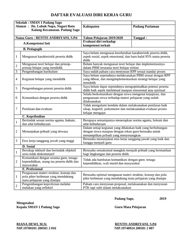 Daftar Evaluasi Diri Kerja Guru | PDF