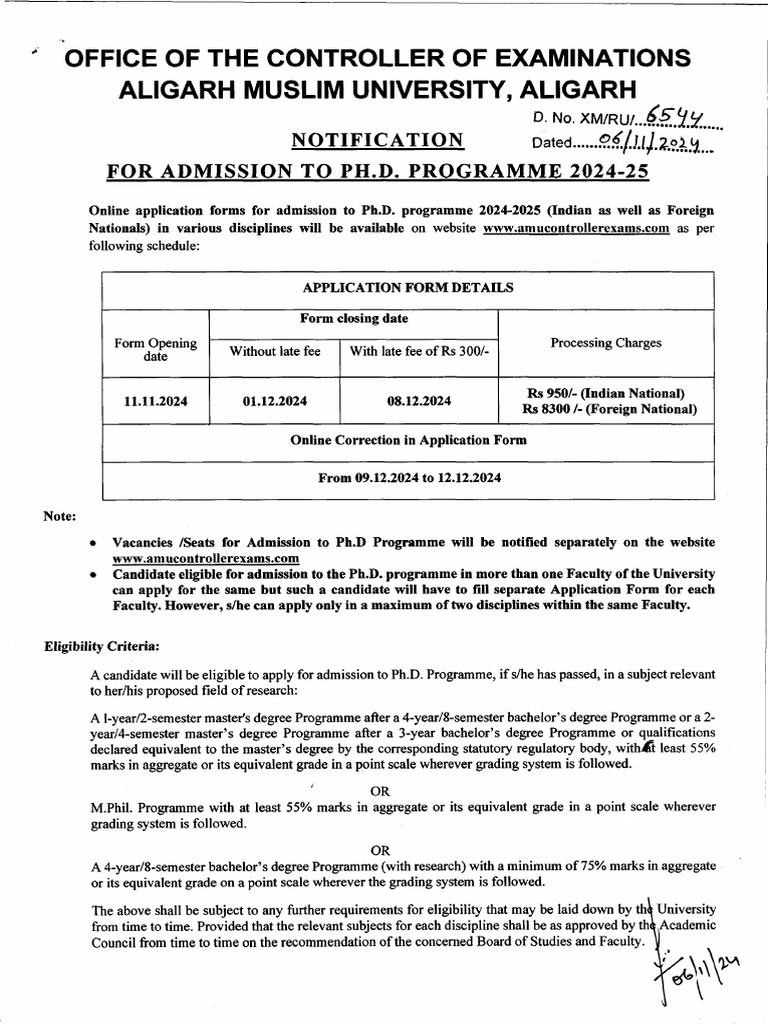 amu phd 2024 | PDF | Doctor Of Philosophy | University And College Admission