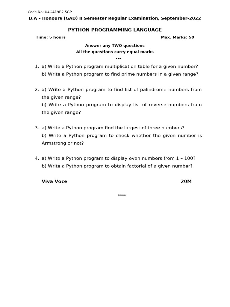 Python Programming Exam Questions | PDF