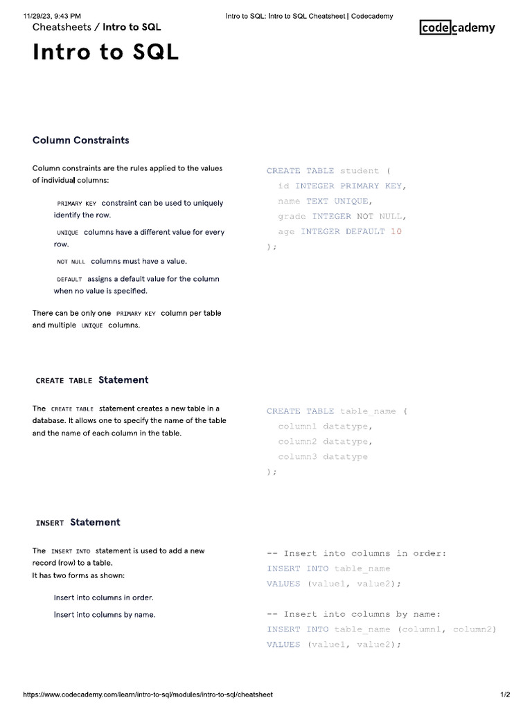 SQL Cheat Sheet | PDF