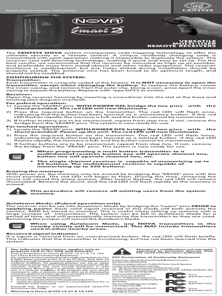 I Nova Remote Receiver Instructions | PDF