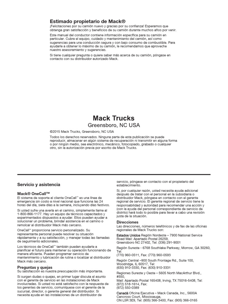 Manual Operacion y Mantencion Mack GR64BX M357-001241 | PDF | Camión | Motor diesel