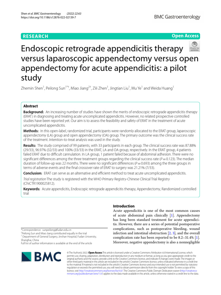 Endoscopic Retrograde Appendicitis Therapy Versus Laparoscopic ...
