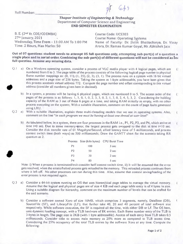 Thapar University Operating Systems Exam PYQ | PDF | Cpu Cache | Computing