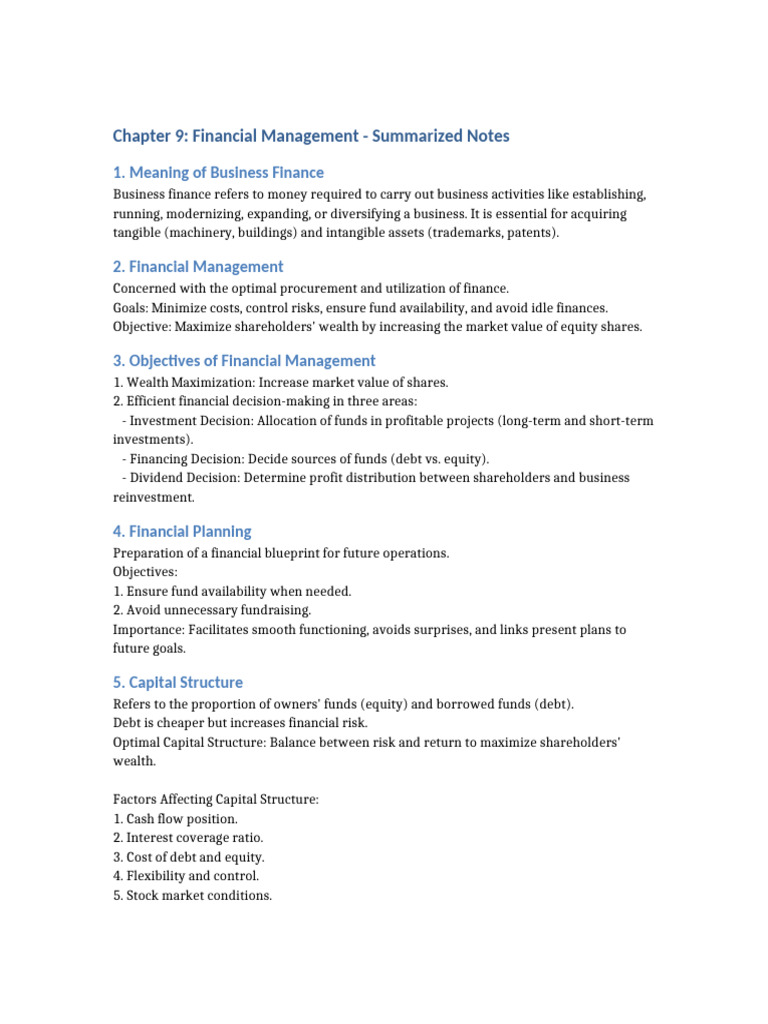 Chapter 9 Financial Management Notes | PDF | Capital Structure | Dividend