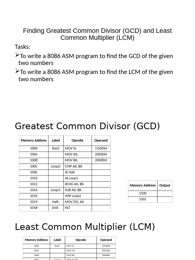 GCD and LCM Calculation in 8086 ASM | PDF | Computing | Discrete Mathematics
