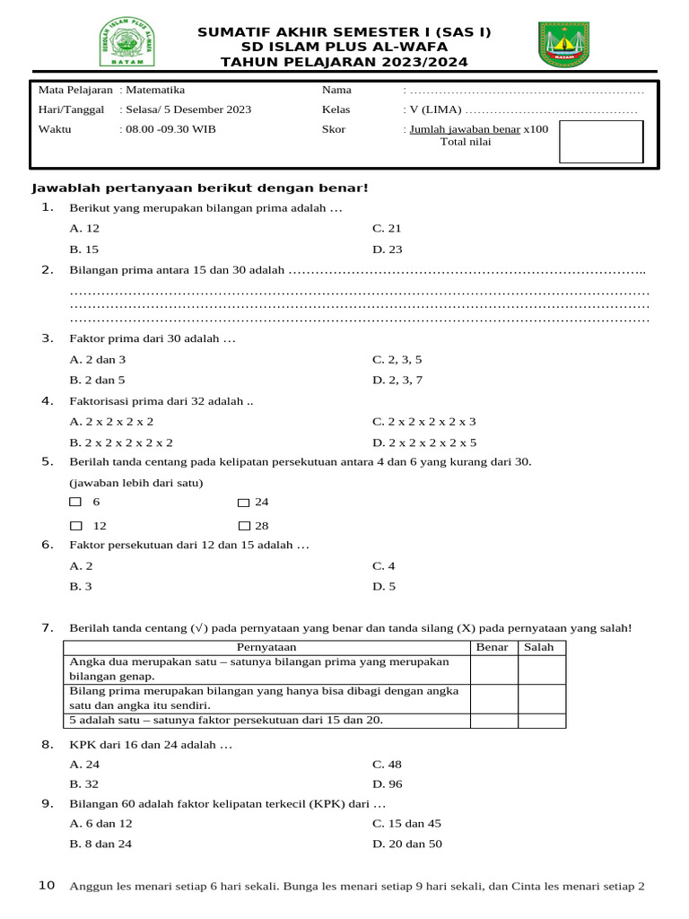 Sumatif Akhir Semester I MTK | PDF