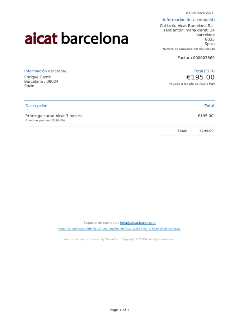 Col&Amp Middot Lectiu Aicat Barcelona S.L - Factura 000003869 | PDF