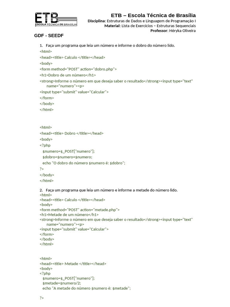 Lista de Exercícios - Estruturas Sequenciais - PHP - GABARITO | PDF | Média | Salário