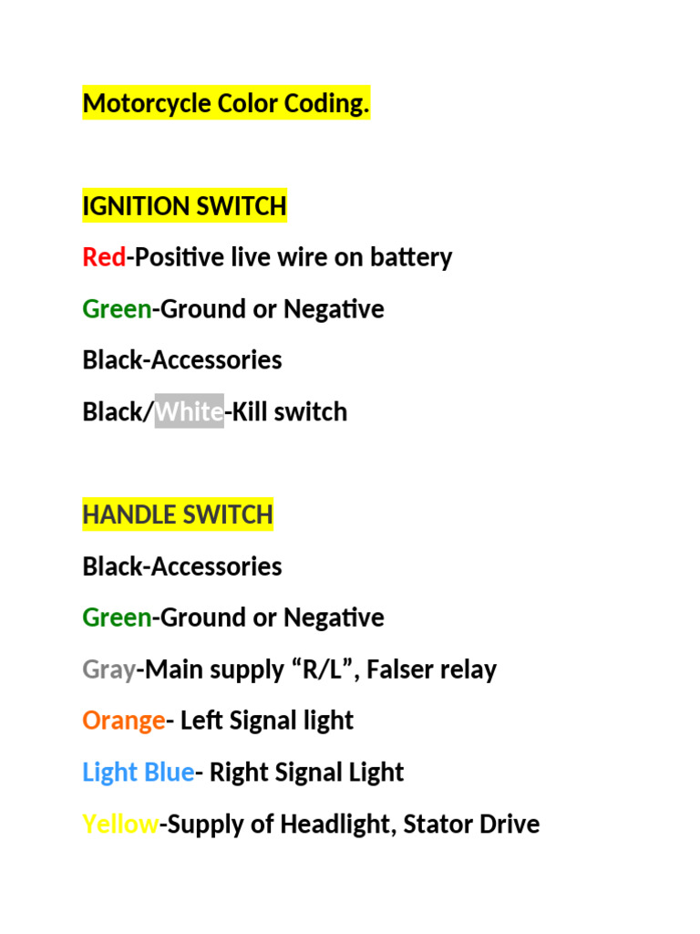 Motorcycle Color Coding | PDF