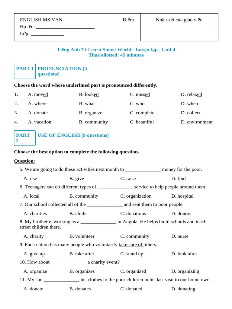 Unit 4 Practice for English 7 | PDF
