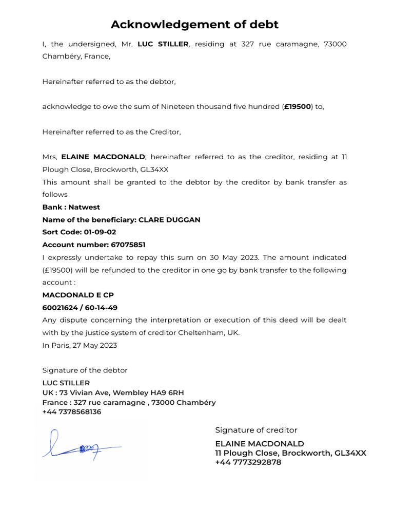 Acknowledgement of Debt Agreement | PDF