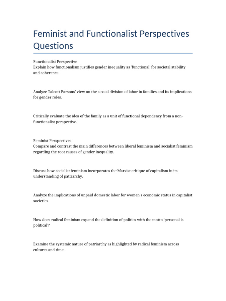 Feminist and Functionalist Perspectives Questions With MCQ | PDF ...