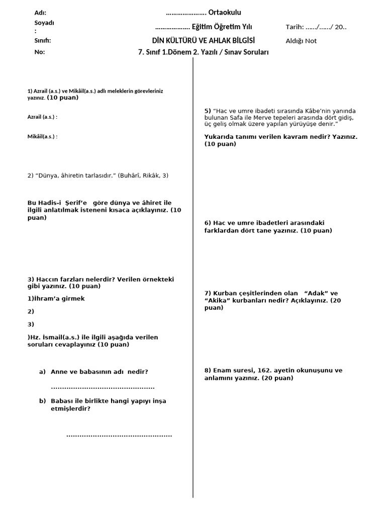 7-sinif-dkab-1-donem-2-yazili-soru-ve-cevaplari | PDF