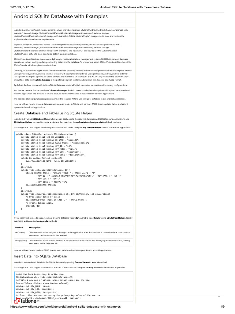Android SQLite Database with Examples - Tutlane | PDF | Databases ... Android SQLite Database with Examples - Tutlane | PDF | Databases ...