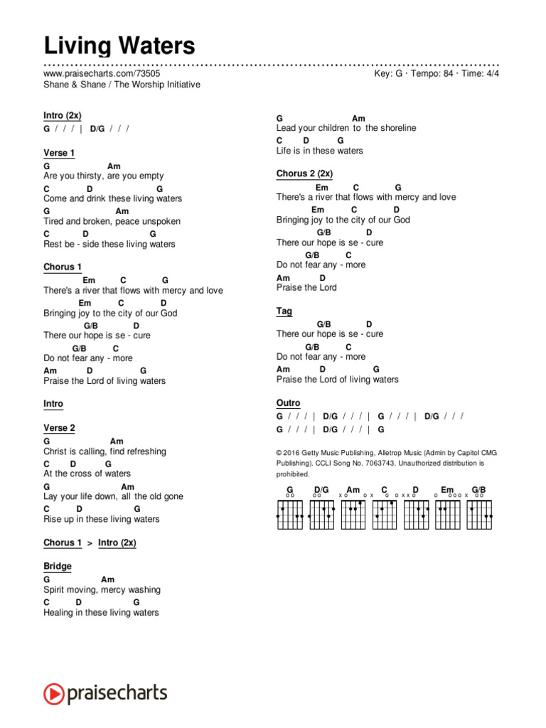 Living Waters (Shane & Shan... ) Chord Chart - G - 2 Column Layout ...