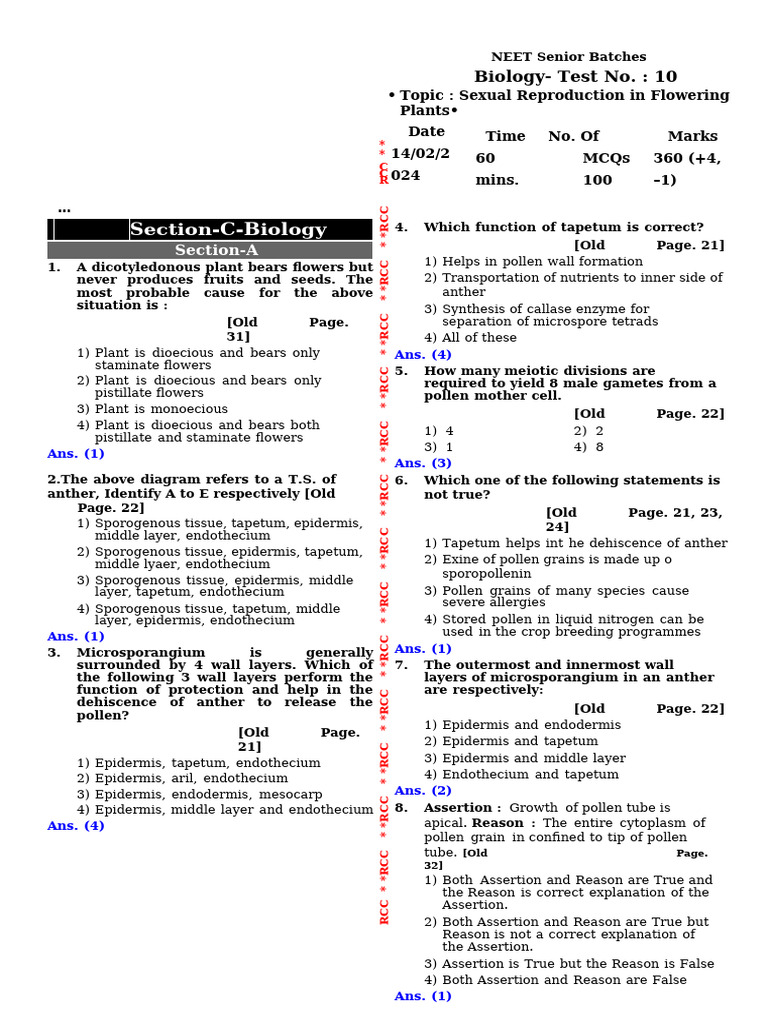 Sexual Reproduction-Practice Shhet | PDF | Seed | Flowers