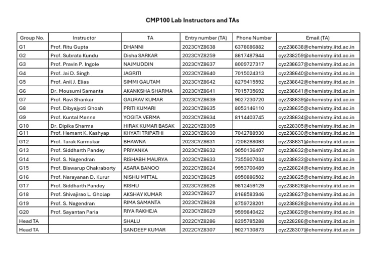 CMP100 Lab Instructors and TAs List | PDF