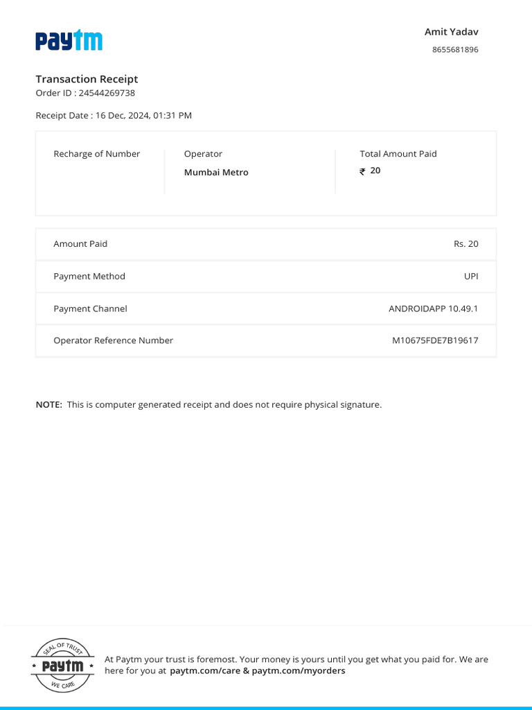 Metro 16 12 24 Invoice - 24544269738 | PDF