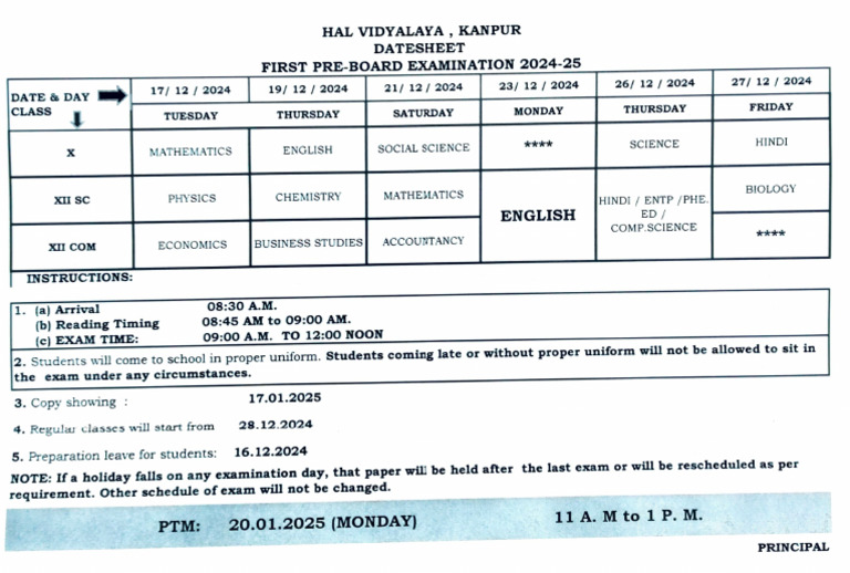 Date Sheet Pre-Board 2024 - 2025 | PDF