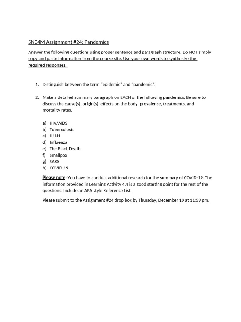 SNC4M Assignment #24 Pandemics | PDF