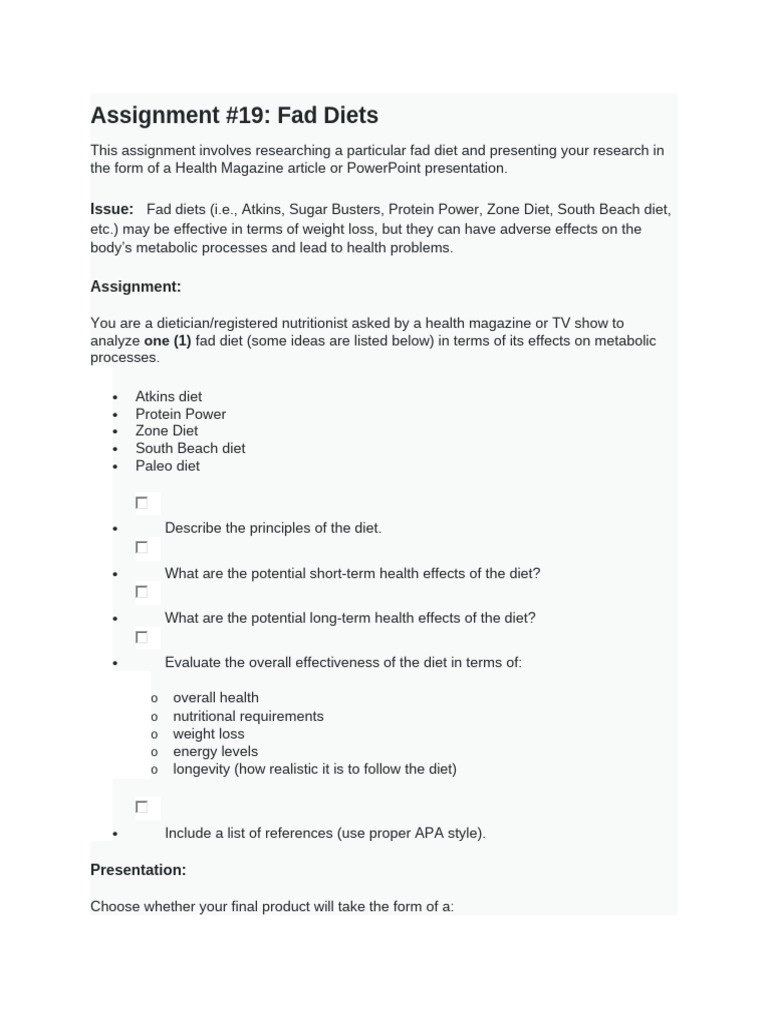 SNC4M Assignment #19 Fad Diets | PDF
