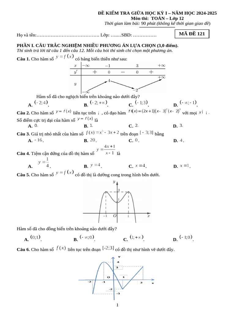 ĐỀ GIỮA HKI-TOÁN 12-2024-2025 | PDF