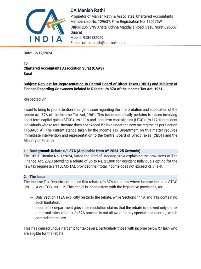 Rebate 87A Representation | PDF | Taxes | Tax Refund