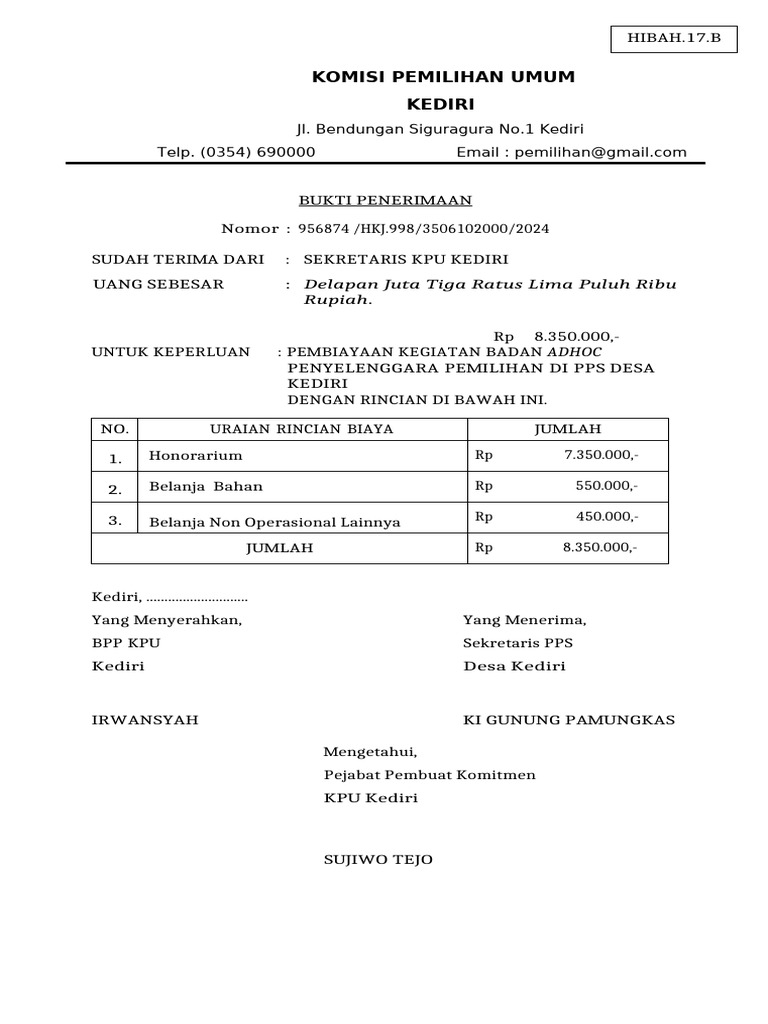 HIBAH 17B BUKTI PENERIMAAN V2 KOP KPU_JULI | PDF