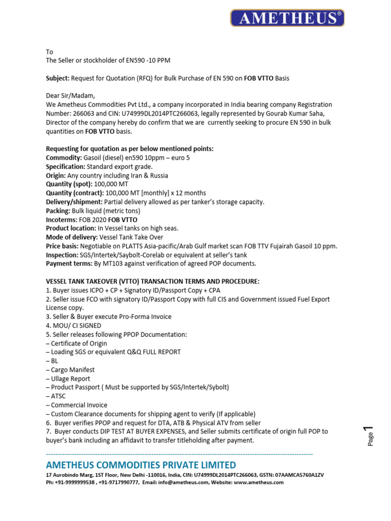 RFQ EN590 10PPM VTTO Ametheus | PDF