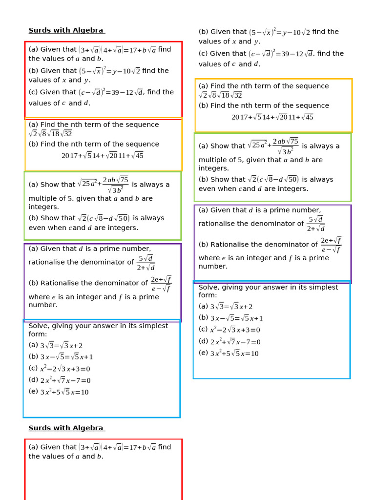 Surds With Algebra Practice Strips | PDF | Mathematical Objects ...