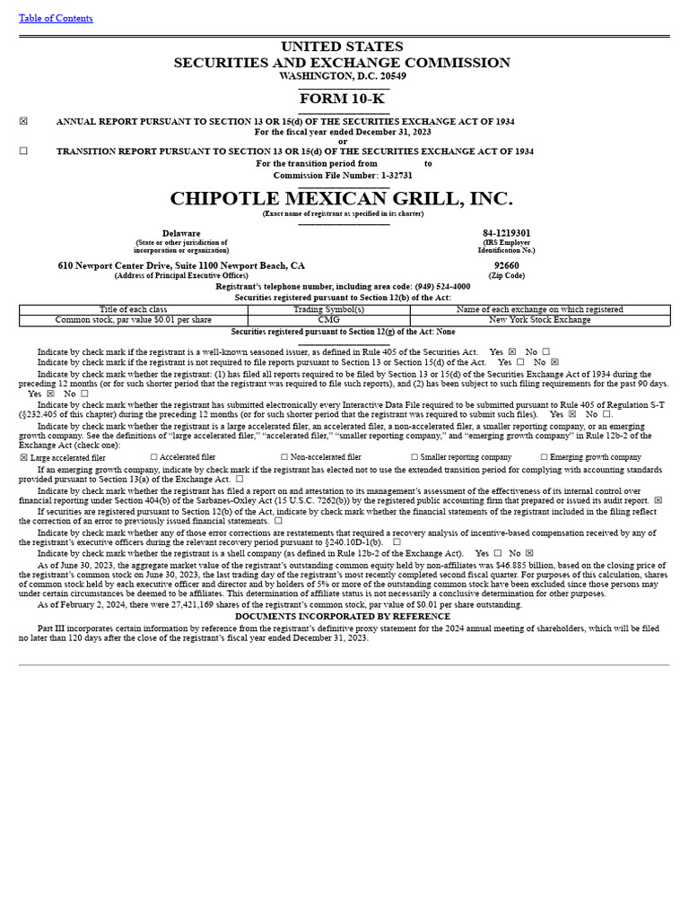 Chipotle 2023 Annual Report | PDF | Stocks | Food Safety
