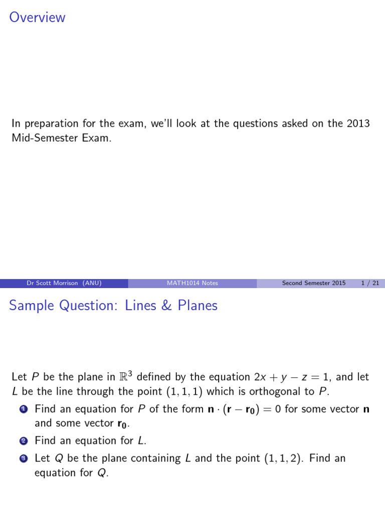MATH1014 Exam Prep: Lines, Planes, & Vectors | PDF | Basis (Linear Algebra) | Vector Space