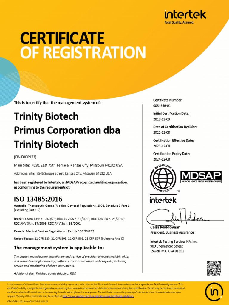 Trinity Biotech-KC - ISO 13485 & MDSAP Certificate - Exp 8dec'24 | PDF | Medical Device