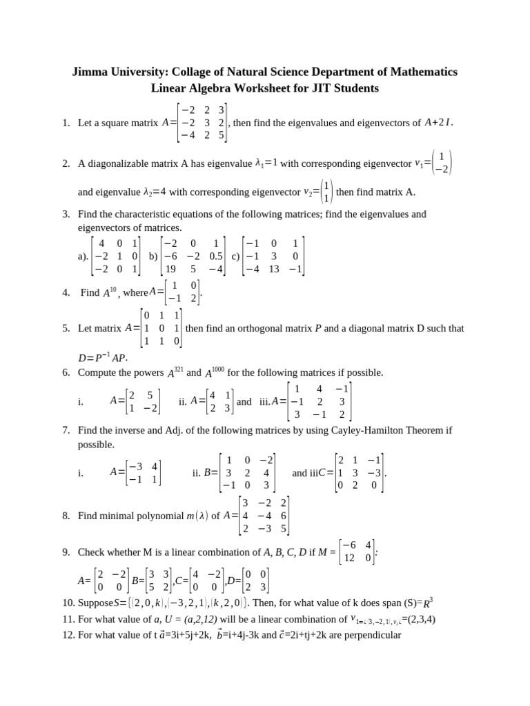 Linear Algebra Worksheet | PDF | Eigenvalues And Eigenvectors | Matrix ...