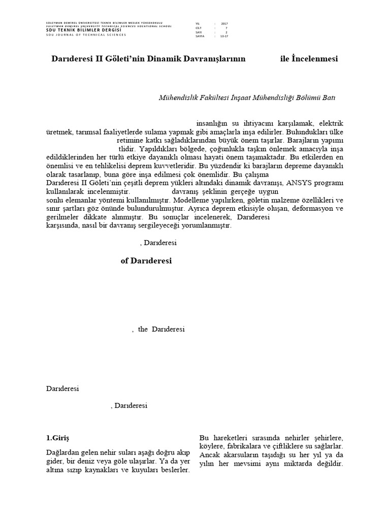 Dar Deresi-II G Leti Nin Dinamik Davran Lar N N Ansys Ile Ncelenmesi (#299204) - 322289 | PDF