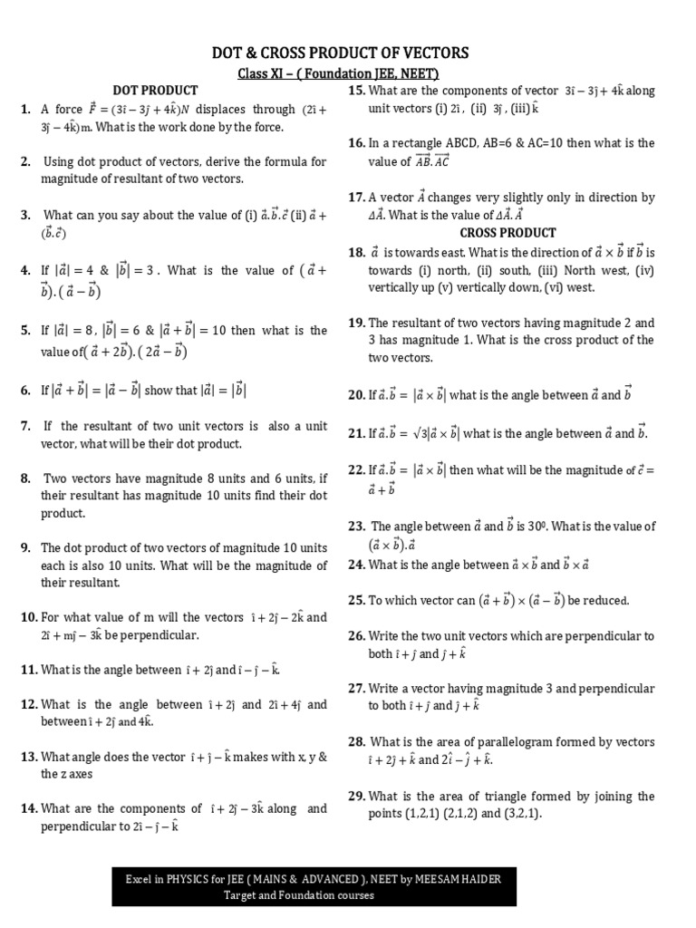 Dot & Cross product of vectors | PDF | Euclidean Vector | Force