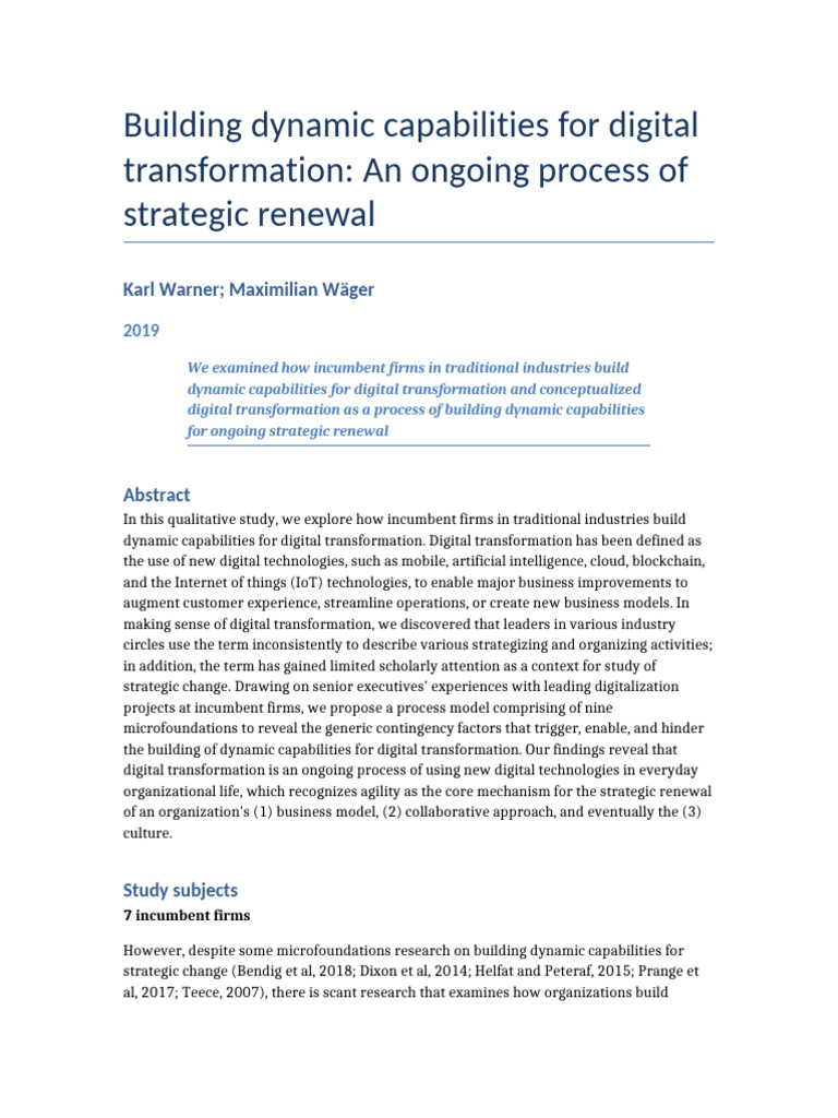 Building Dynamic Capabilities For Digital Transformation An Ongoing ...